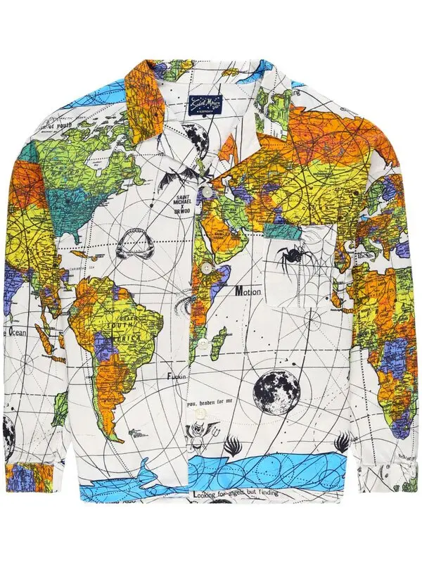 SAINT MXXXXXX World Map Notched-collar Shirt - White