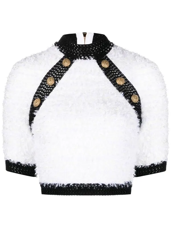 Balmain Button-embellished Tweed Crop Top