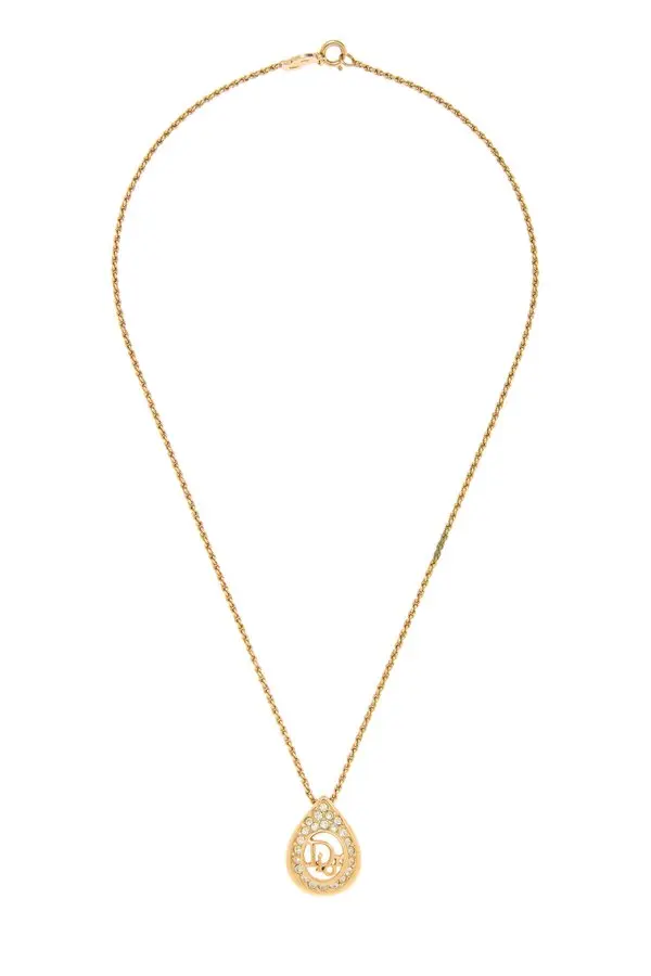 Dior Crystal Logo Charm Necklace - Gold