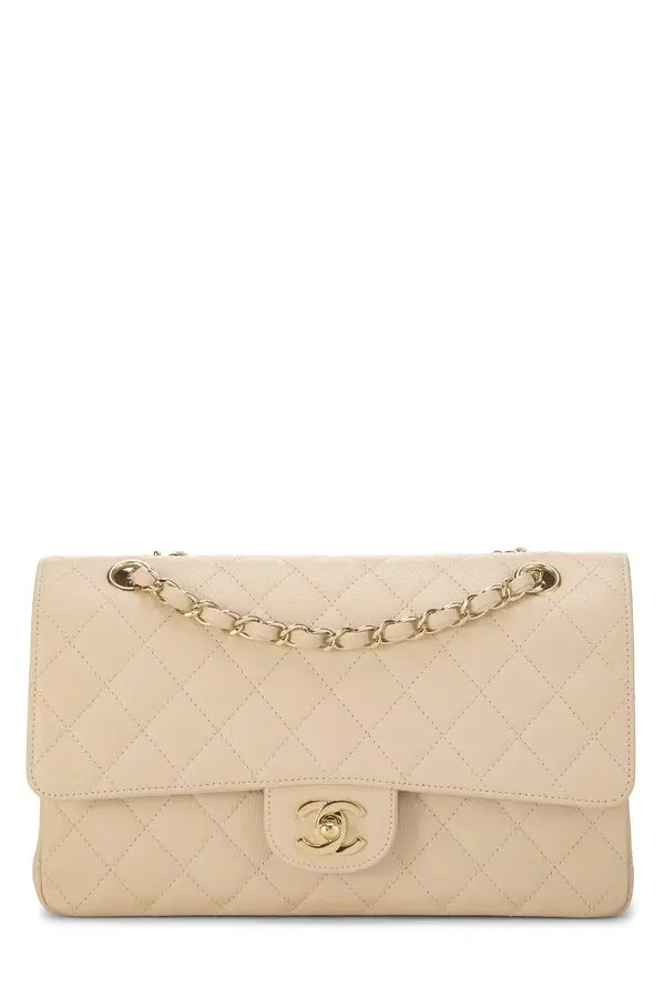 Chanel Quilted Caviar Classic Double Flap Medium Shoulder Bag - Beige
