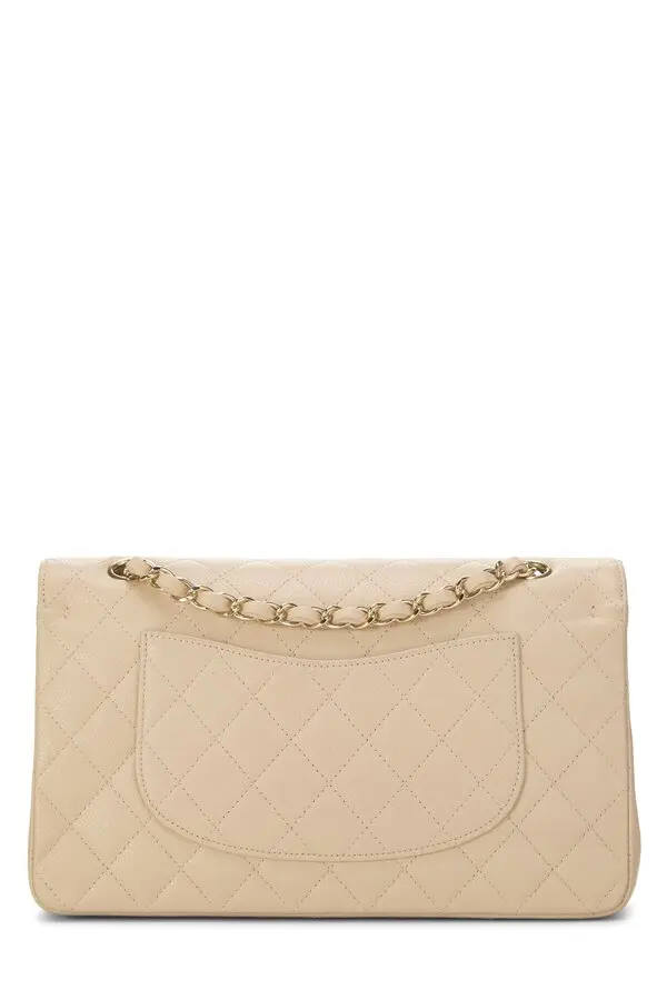 Chanel Quilted Caviar Classic Double Flap Medium Shoulder Bag - Beige