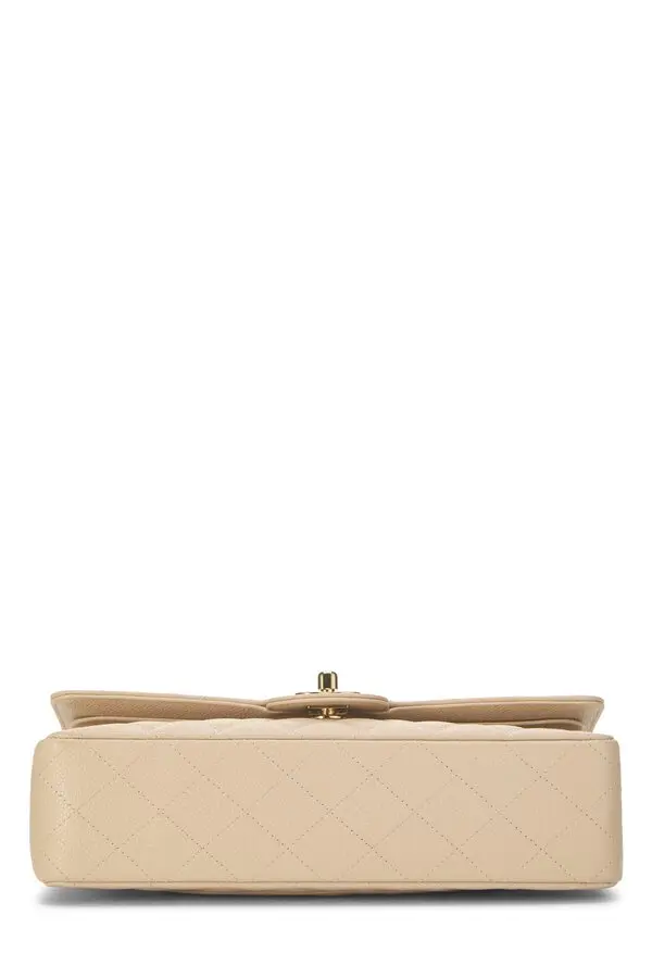 Chanel Quilted Caviar Classic Double Flap Medium Shoulder Bag - Beige