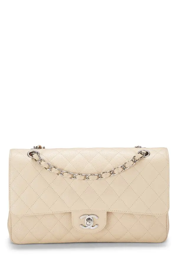 Chanel Quilted Caviar Classic Double Flap Medium Shoulder Bag - Beige