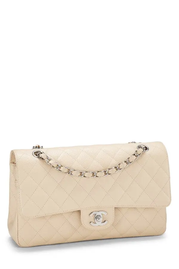 Chanel Quilted Caviar Classic Double Flap Medium Shoulder Bag - Beige