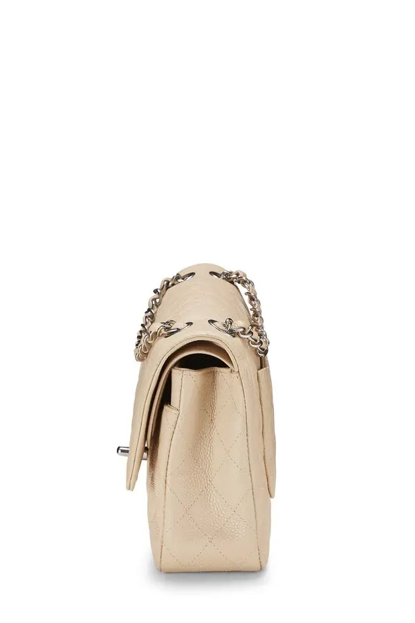 Chanel Quilted Caviar Classic Double Flap Medium Shoulder Bag - Beige