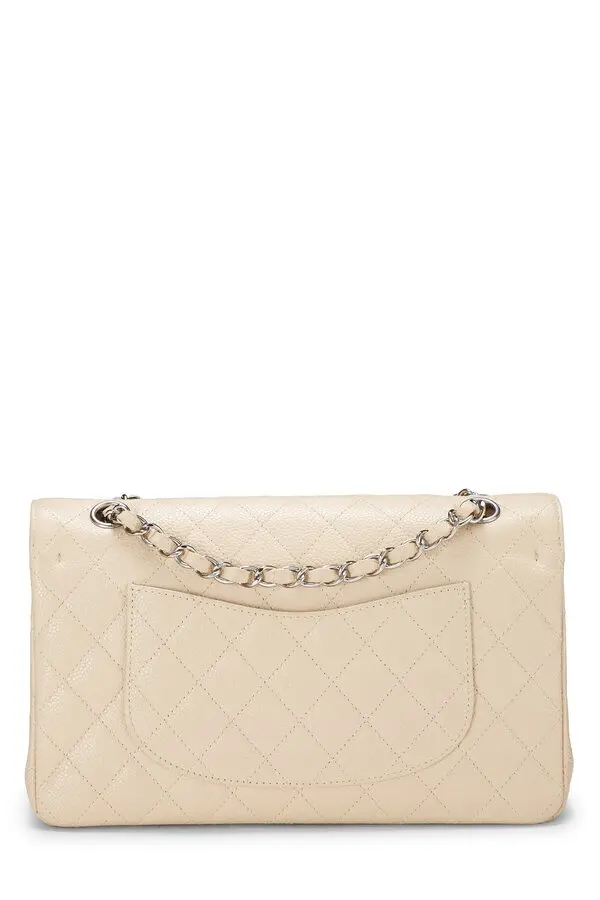 Chanel Quilted Caviar Classic Double Flap Medium Shoulder Bag - Beige