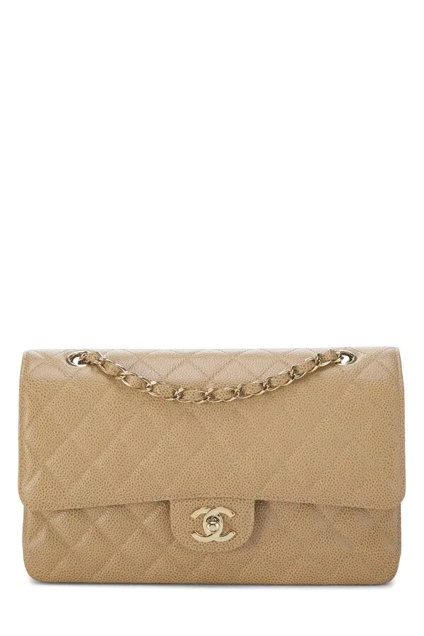 Chanel Quilted Caviar Classic Double Flap Medium Shoulder Bag - Beige