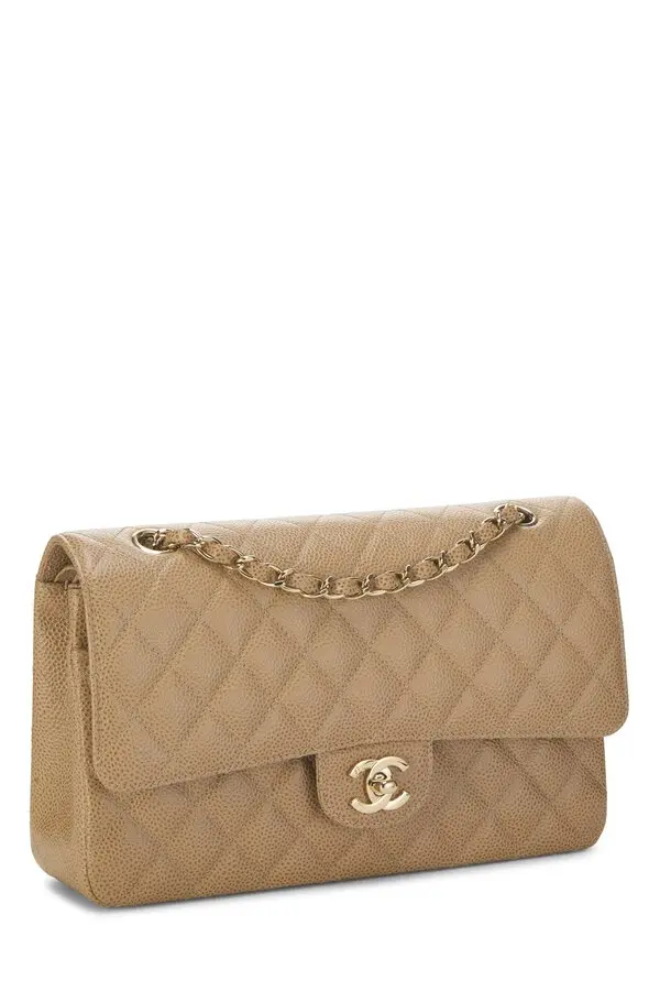 Chanel Quilted Caviar Classic Double Flap Medium Shoulder Bag - Beige