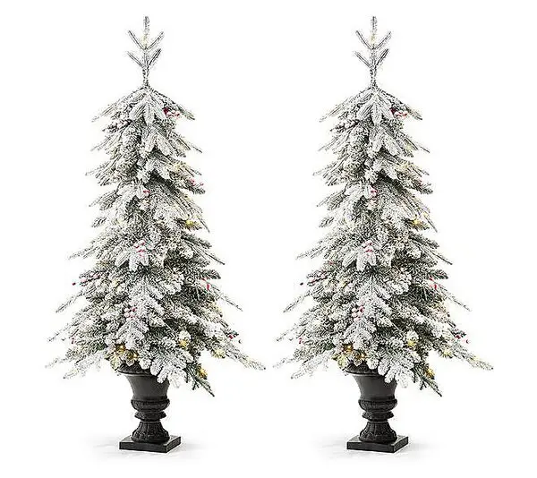 GLITZHOME 5' Pre-lit Flocked Faux Christmas Porch Tree S/2 - One-color