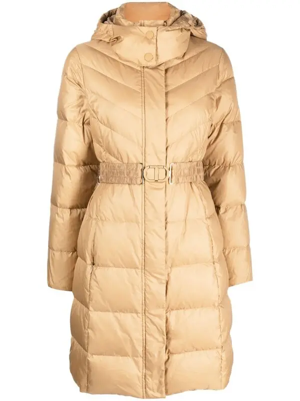 TWINSET Hooded Belted Puffer Coat - Neutrals