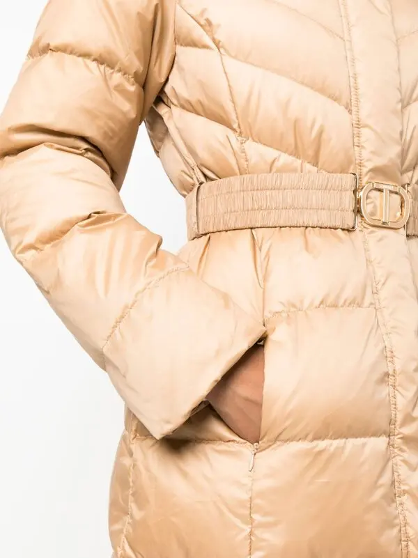 TWINSET Hooded Belted Puffer Coat - Neutrals