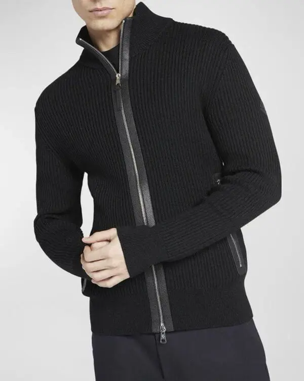 Moncler Ribbed Cardigan With Leather Trim