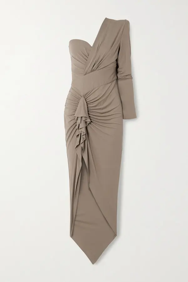 Alexandre Vauthier Asymmetric One-sleeve Ruffled Stretch-jersey Maxi Dress - Gray