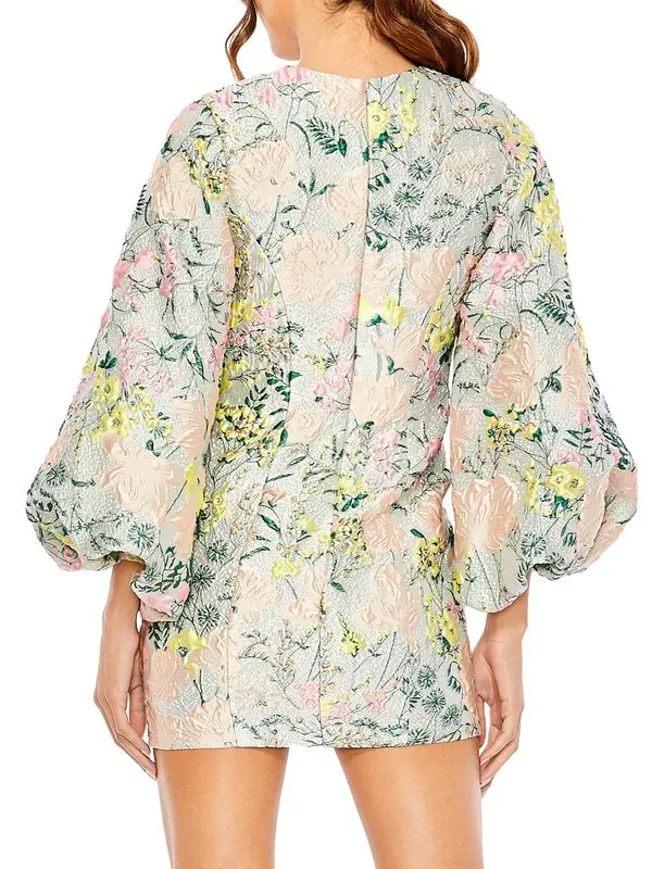 Mac Duggal Floral Brocade Puff-sleeve Minidress - Pastel Multi