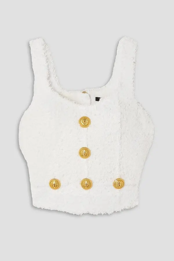 Balmain Button-embellished Bouclé-tweed Bustier Top - White