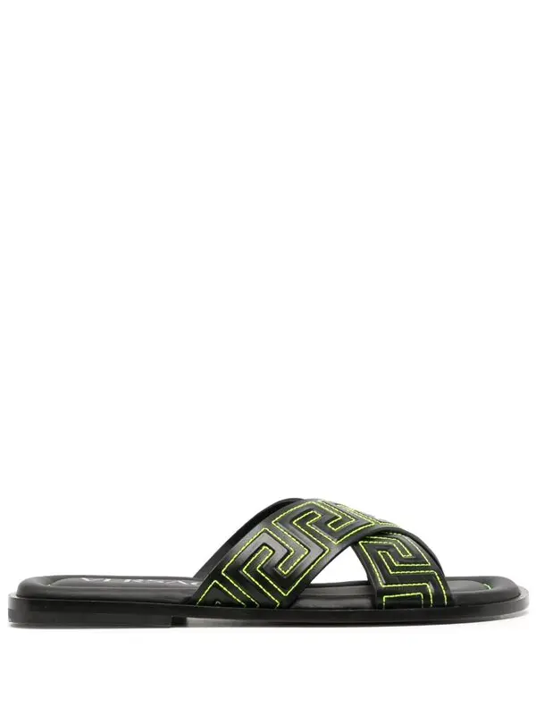 Versace Greca Leather Slides - Black