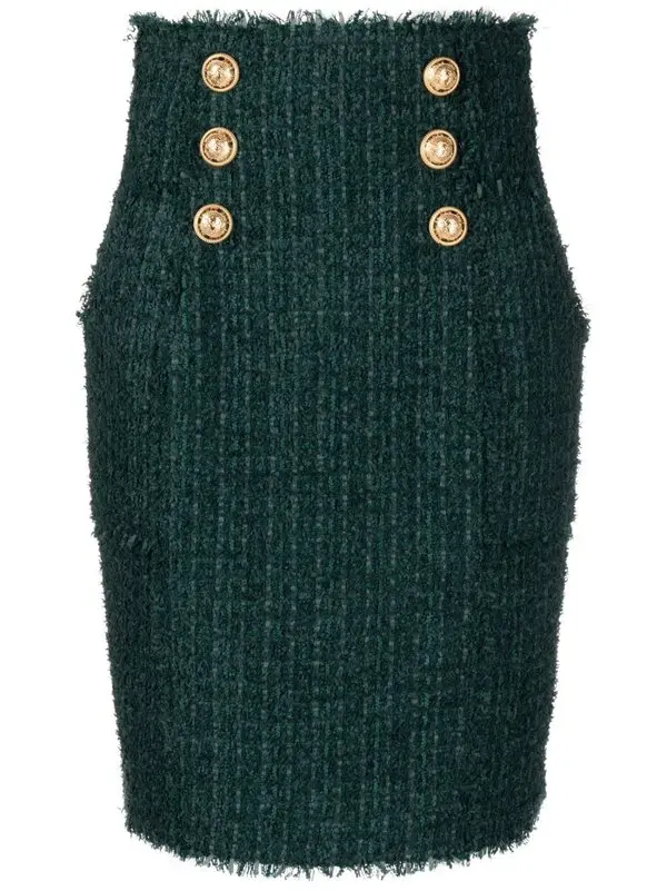 Balmain Button-detailed Tweed Pencil Skirt - Green