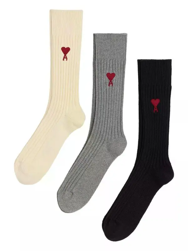 AMI Paris Logo-embroidered Ribbed-knit Socks