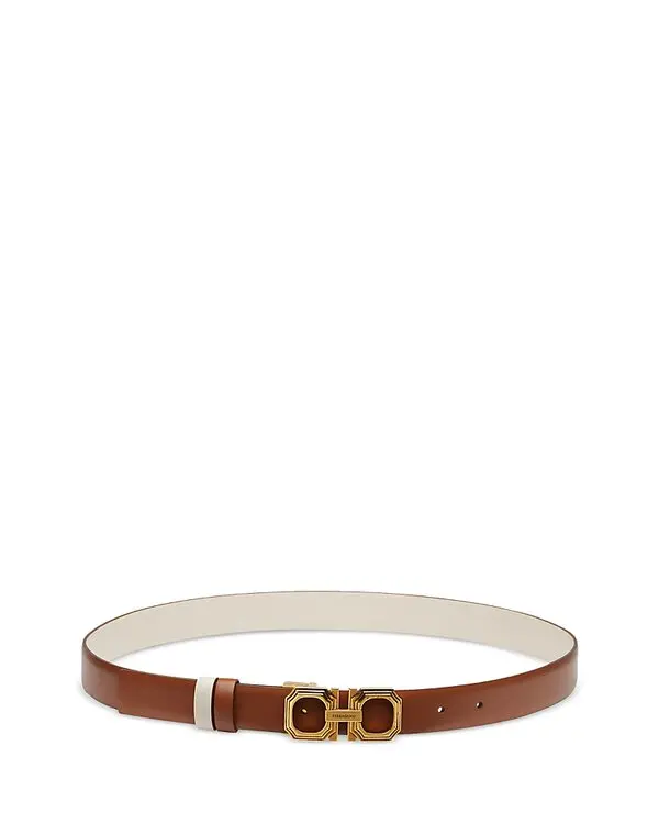 FERRAGAMO Gancini Squared Leather Belt - Brown/gold