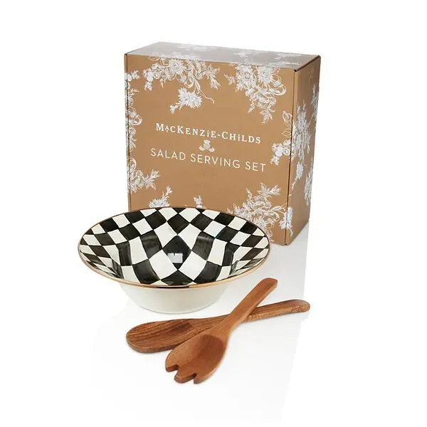 MACKENZIE-CHILDS Courtly Check Enamel Salad Serving Set - Black/white