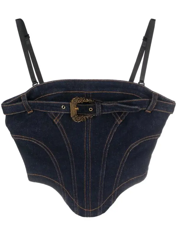 Versace Baroque Buckle Denim Corset Top