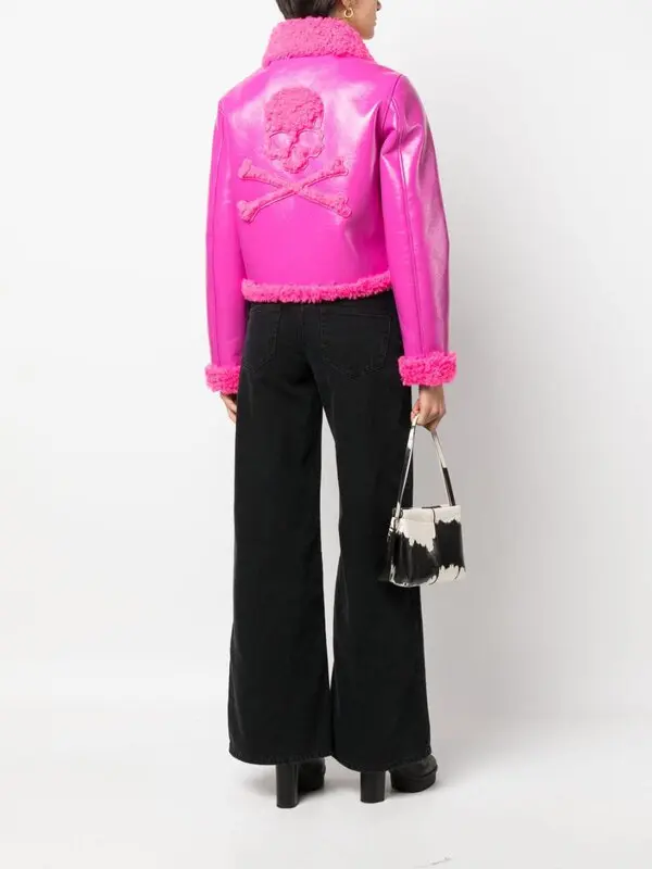 Philipp Plein Faux Shearling-trim Biker Jacket - Pink