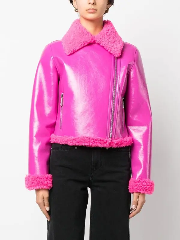 Philipp Plein Faux Shearling-trim Biker Jacket - Pink