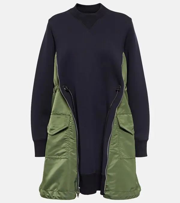 Sacai Cotton Mini Dress With Nylon Accents - Black