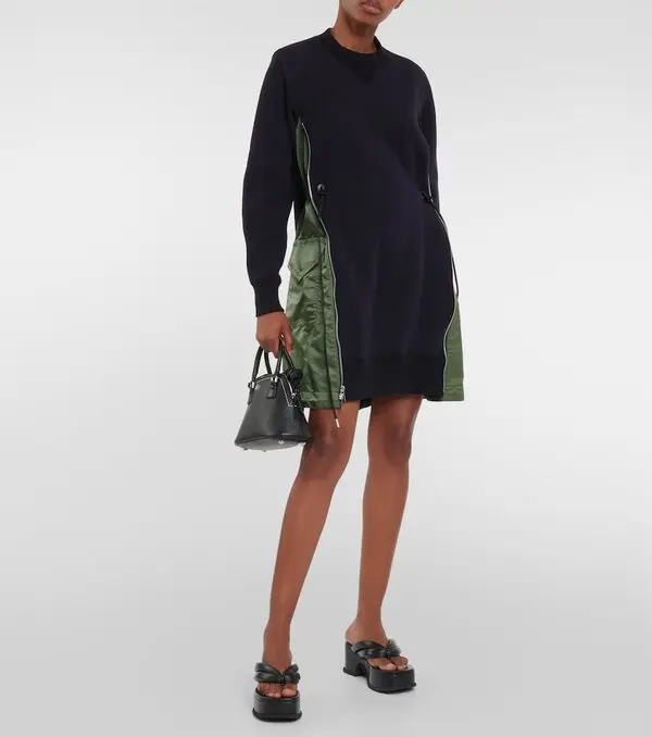 Sacai Cotton Mini Dress With Nylon Accents - Black