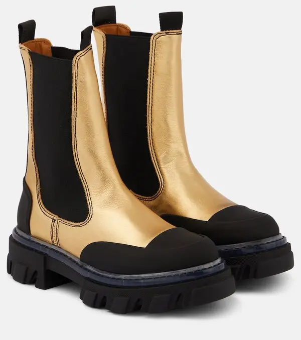 GANNI Metallic Leather Chelsea Boots - Gold