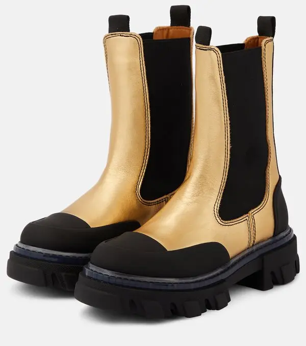 GANNI Metallic Leather Chelsea Boots - Gold