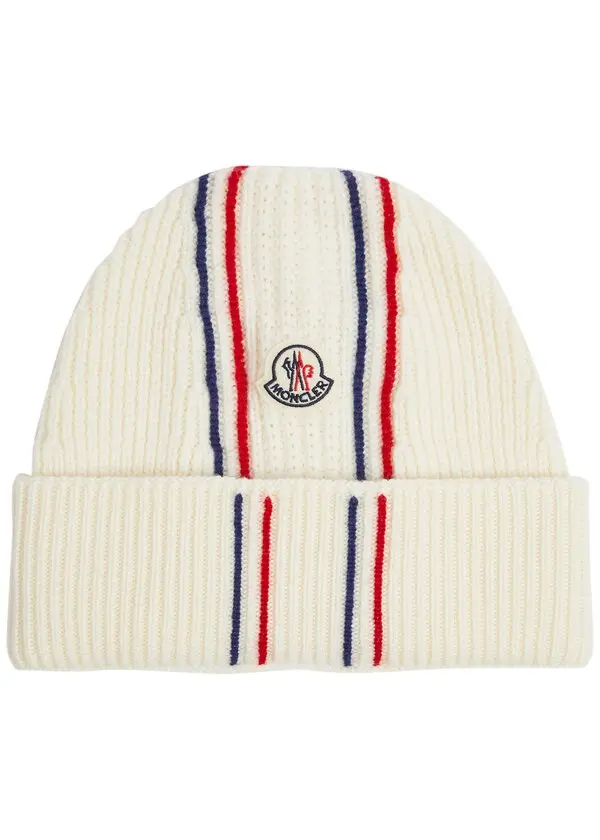 Moncler Striped Ribbed Wool Beanie - Cream