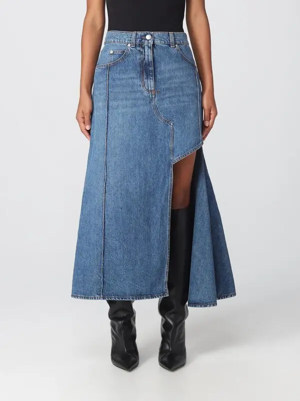 Alexander McQueen Asymmetrical Denim Midi Skirt - Blue