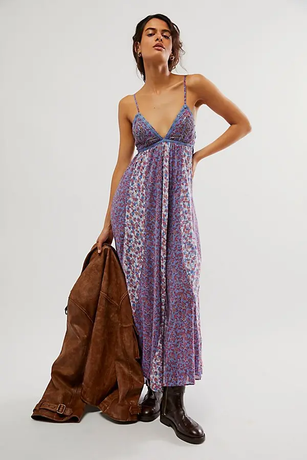 knee length dresses for ladies Free People Forever Time Dress Blue/Black Combo Large