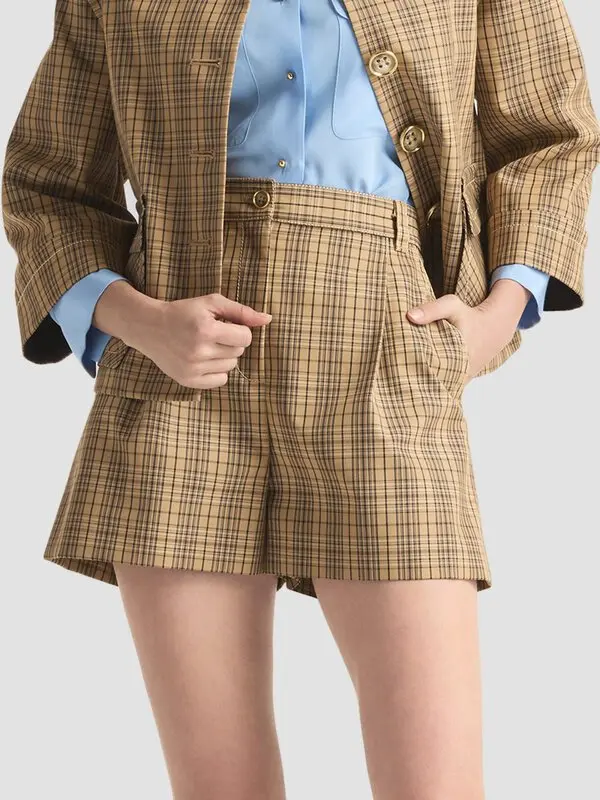 St. John Collection Line Technical Plaid Shorts - Tan Multi