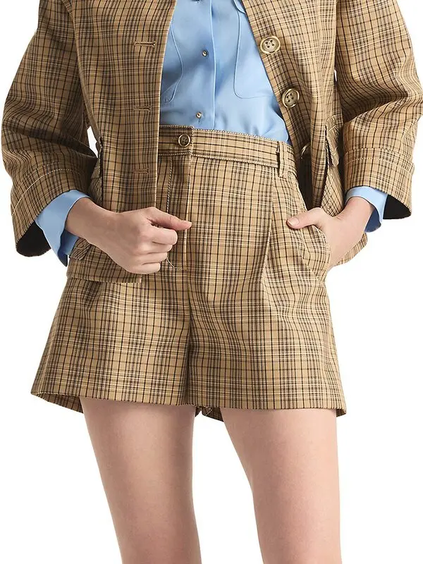 St. John Collection Line Technical Plaid Shorts - Tan Multi
