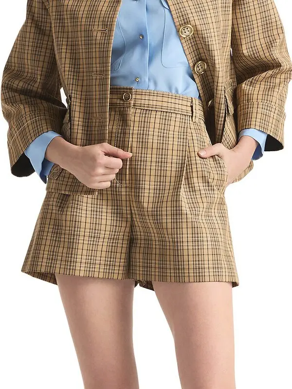 St. John Collection Line Technical Plaid Shorts - Tan Multi