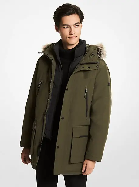 Michael Kors Benson Faux Fur Trim Woven Parka In Green 77% Off