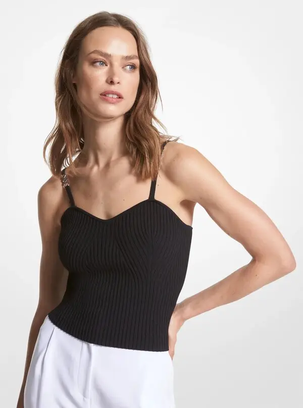 Michael Kors Ribbed Stretch Viscose Cropped Tank Top - Black