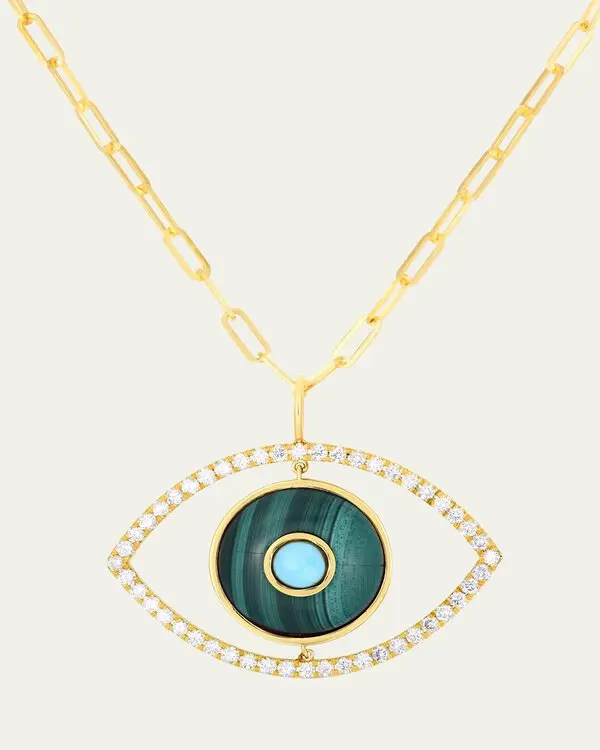 AUDREY C. JEWELS Diamond, Malachite And Turquoise Evil Eye Pendant Necklace - Gold