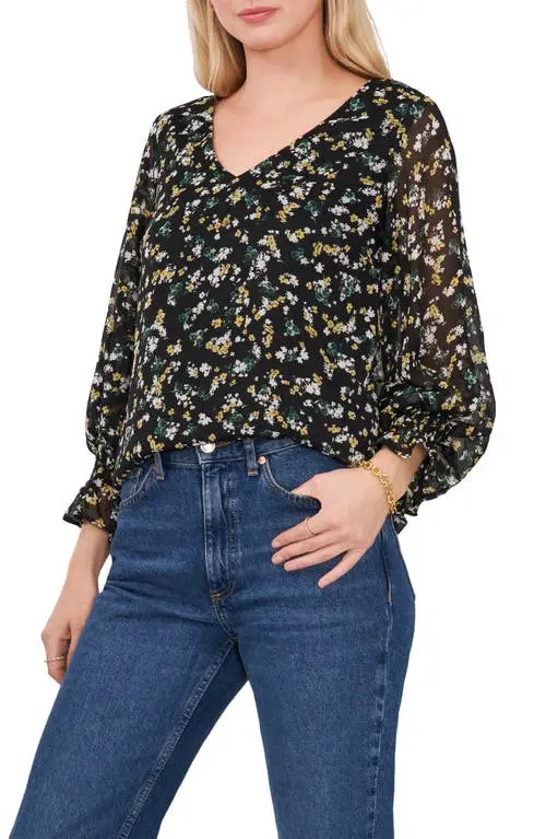 Chaus Floral Print V-neck Top - Rich Black