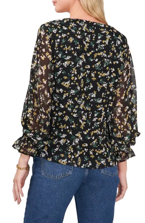 Chaus Floral Print V-neck Top - Rich Black