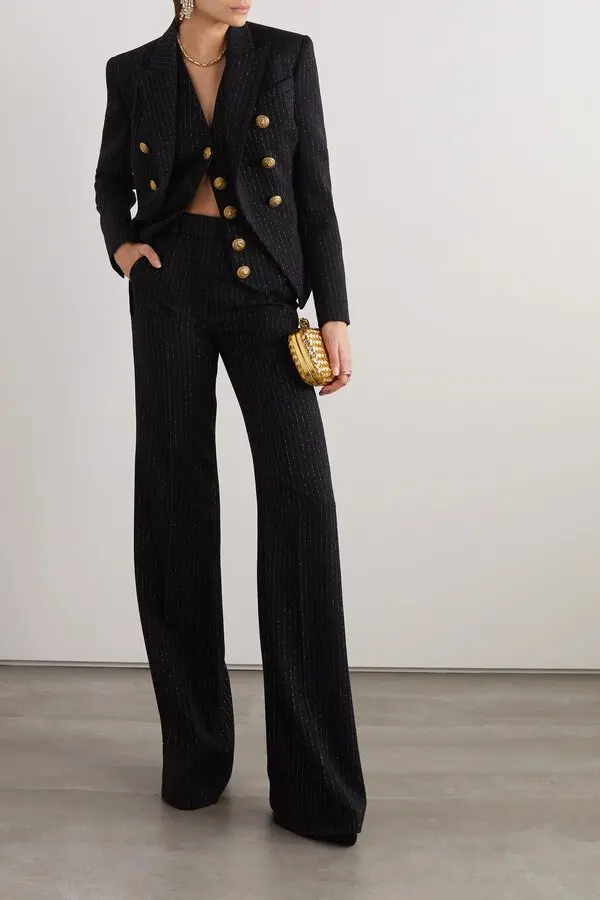 Balmain Metallic Pinstriped Wool-blend Gabardine Flared Pants