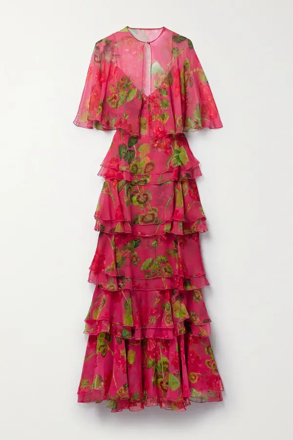 Oscar De La Renta Tiered Ruffled Floral-print Silk-chiffon Gown
