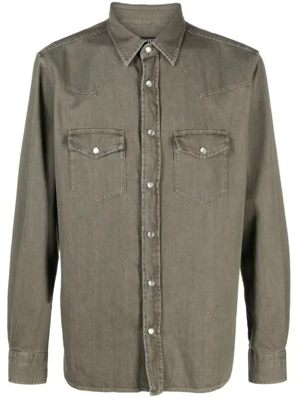 TOM FORD Pointed-collar Press-stud Denim Shirt - Green