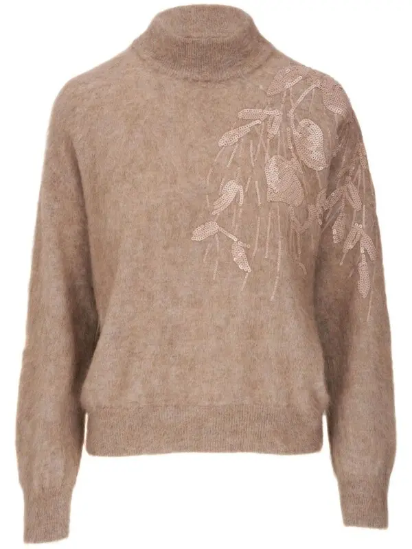 Brunello Cucinelli Floral-embroidered Mock-neck Jumper - Neutrals