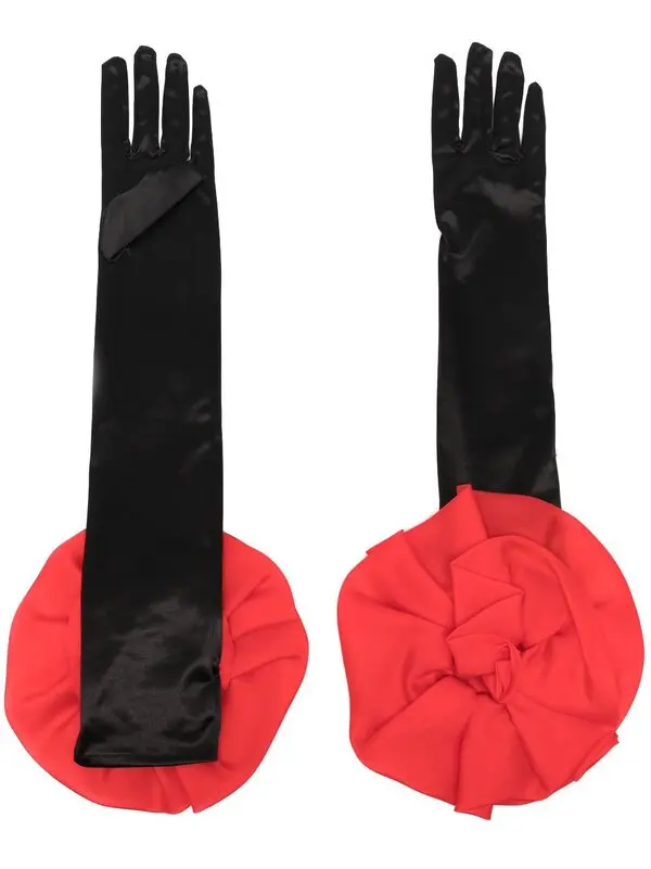 PARLOR Floral-appliqué Satin Gloves - Black
