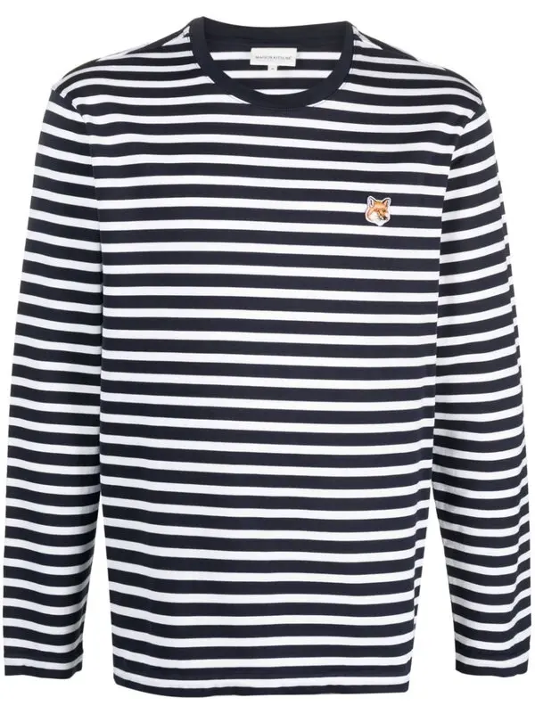 Maison Kitsuné Fox-motif Striped Cotton T-shirt - Blue
