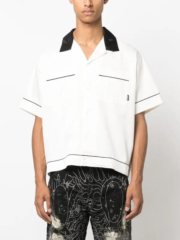 Neighborhood Slogan-Ebroidered Bowling Shirt - White