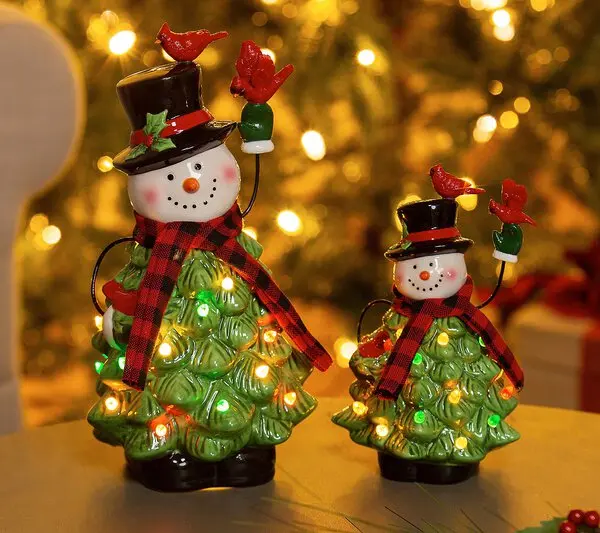 EVERGREEN Set Of 2 Led Ceramic Christmas Snowme Table Decor - One-color